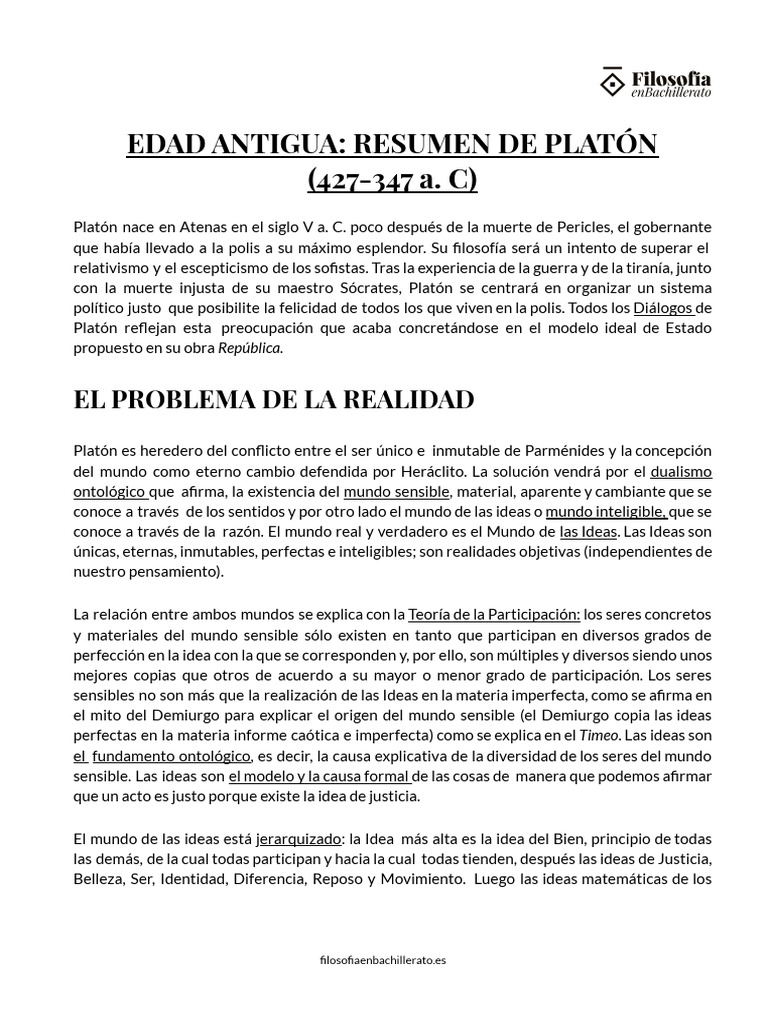 2bac Filosofia Platon Resumen | PDF | Platón | Conocimiento