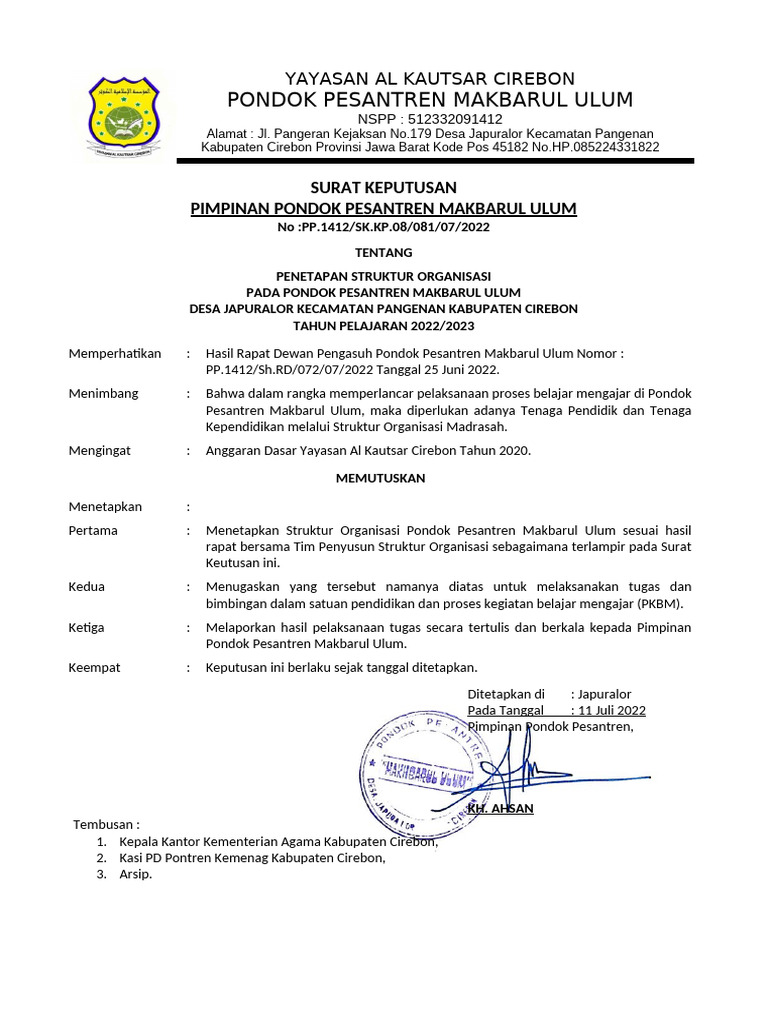 Struktur Organisasi Pondok Pesantren | PDF