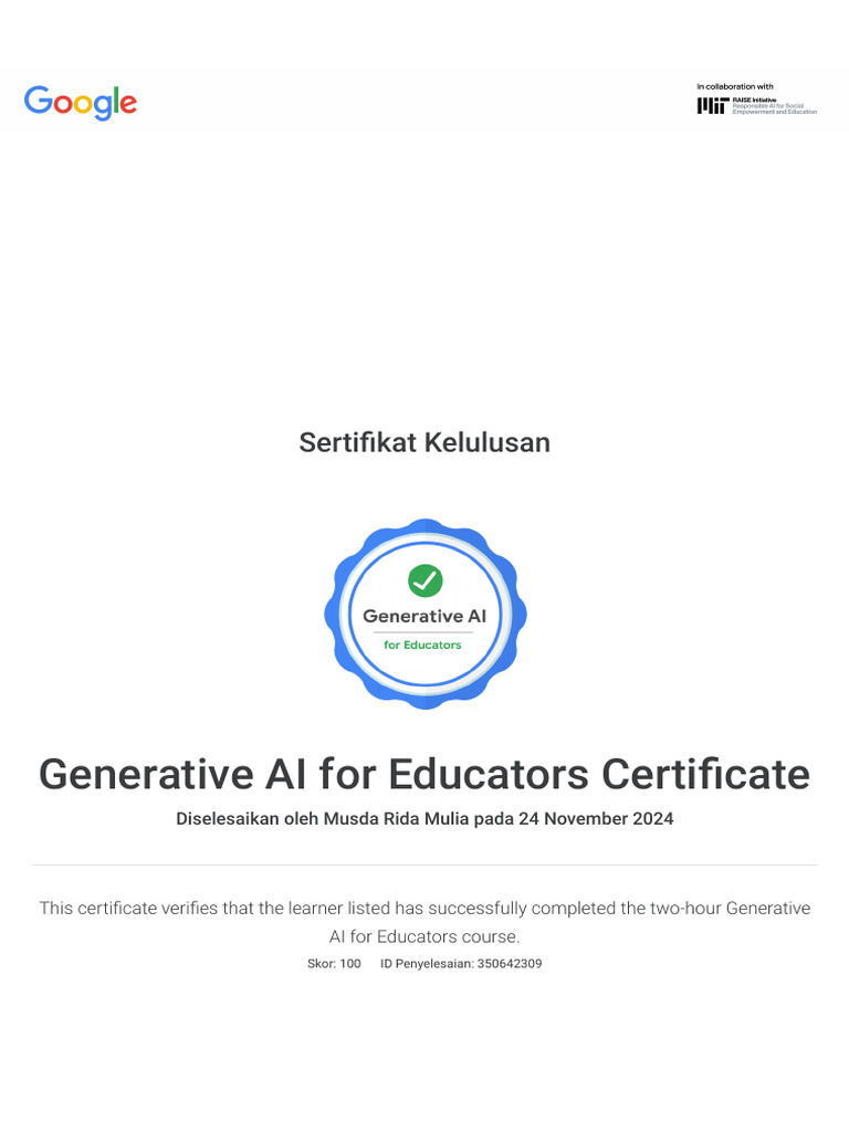 Generative AI for Educators Certificate _ Google | PDF