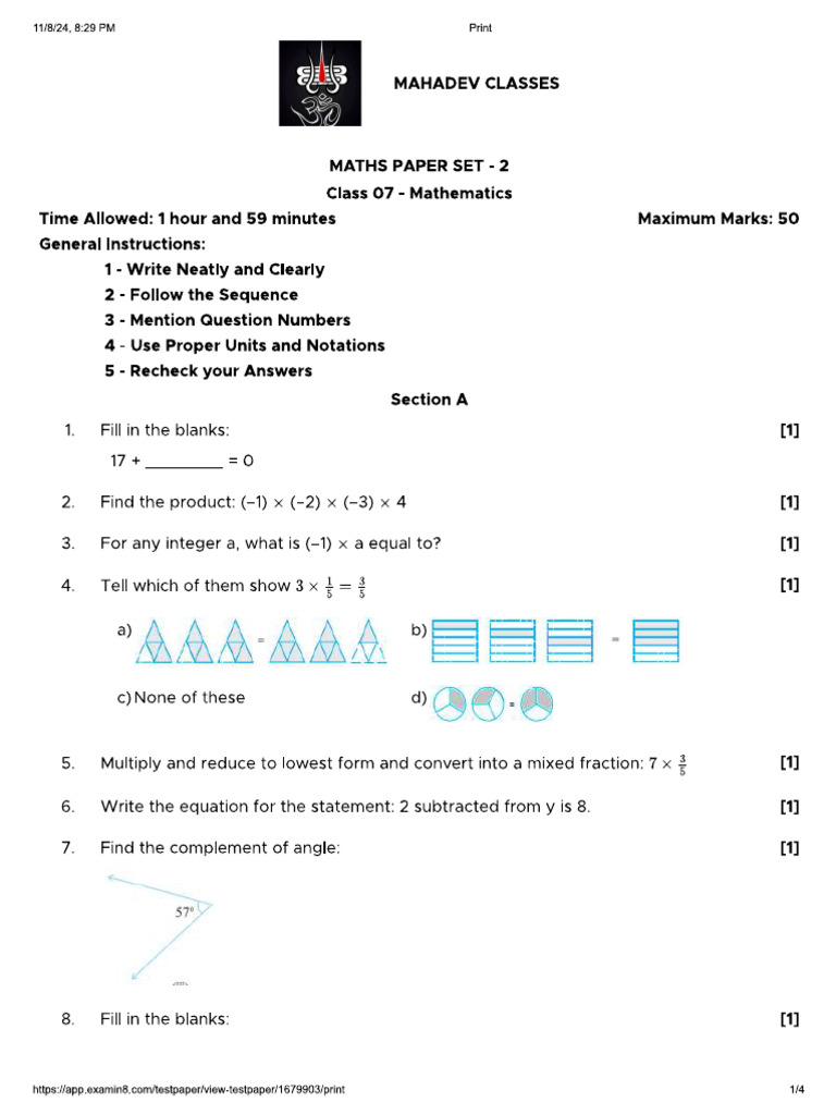 Maths Paper CLASS 7 (Set-2) | PDF