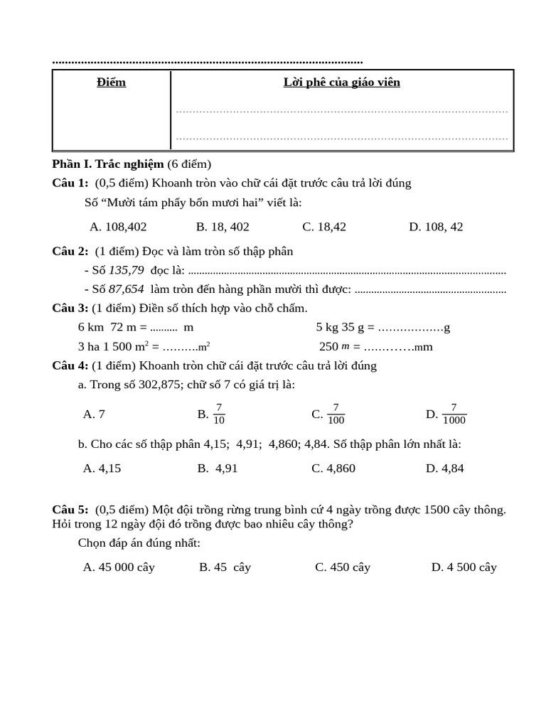 De Thi Toan Lop 5 Giua Ki 1 | PDF