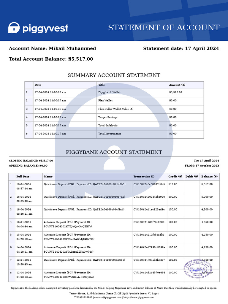 Piggyvest Headquarters and Account Summary | PDF | Payments | Debits ...