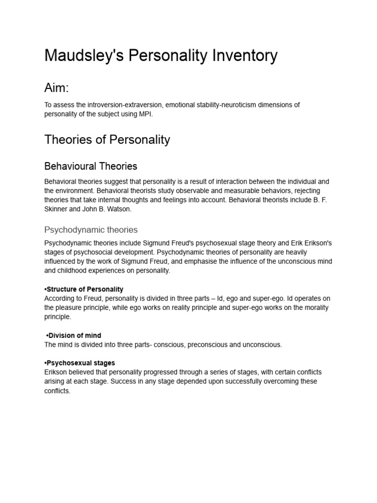 Maudsley's Personality Inventory Practical File | PDF | Psychodynamics | Extraversion And ...