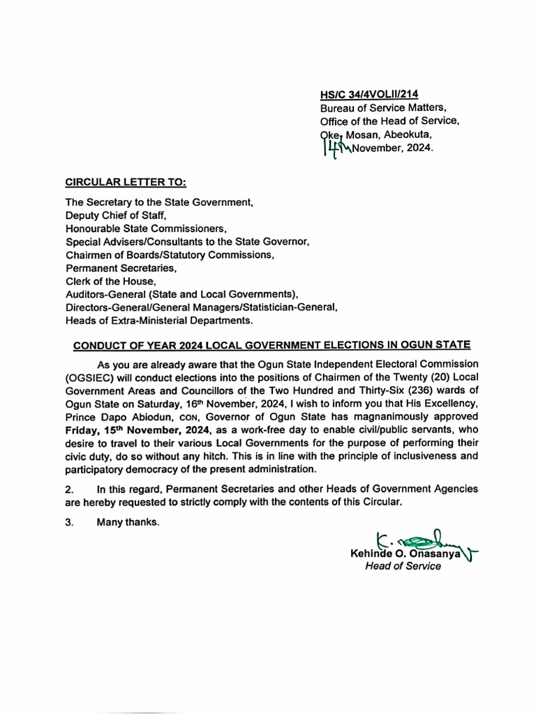 Work-Free Day Circular on 2024 LGA Elections | PDF