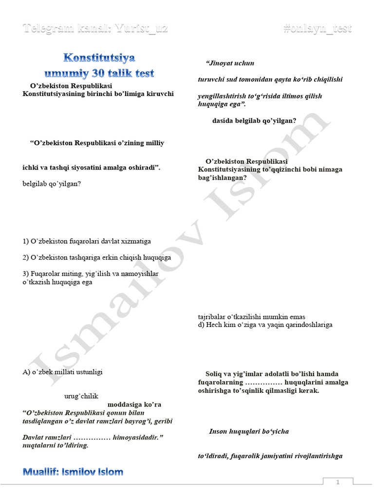 Konstitutsiya Testi Umumiy 30 Talik | PDF