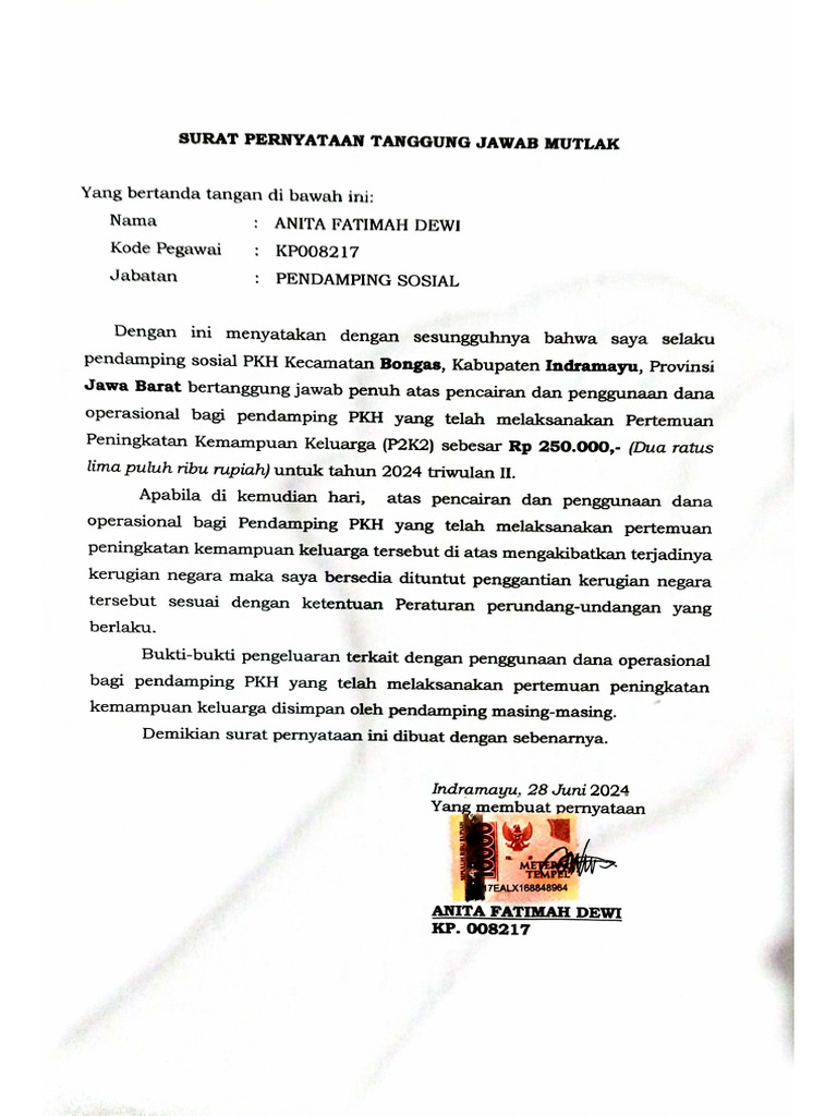 SPTJM - Bop - P2K2 - 2024 - Anita Fatimah Dewi - Bongas - Indramayu | PDF