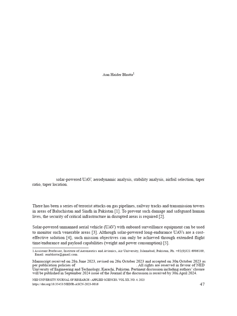 Aerodynamic Optimisation and Stability Analysis of Solar-Powered Unmanned Aerial Vehicle | PDF ...