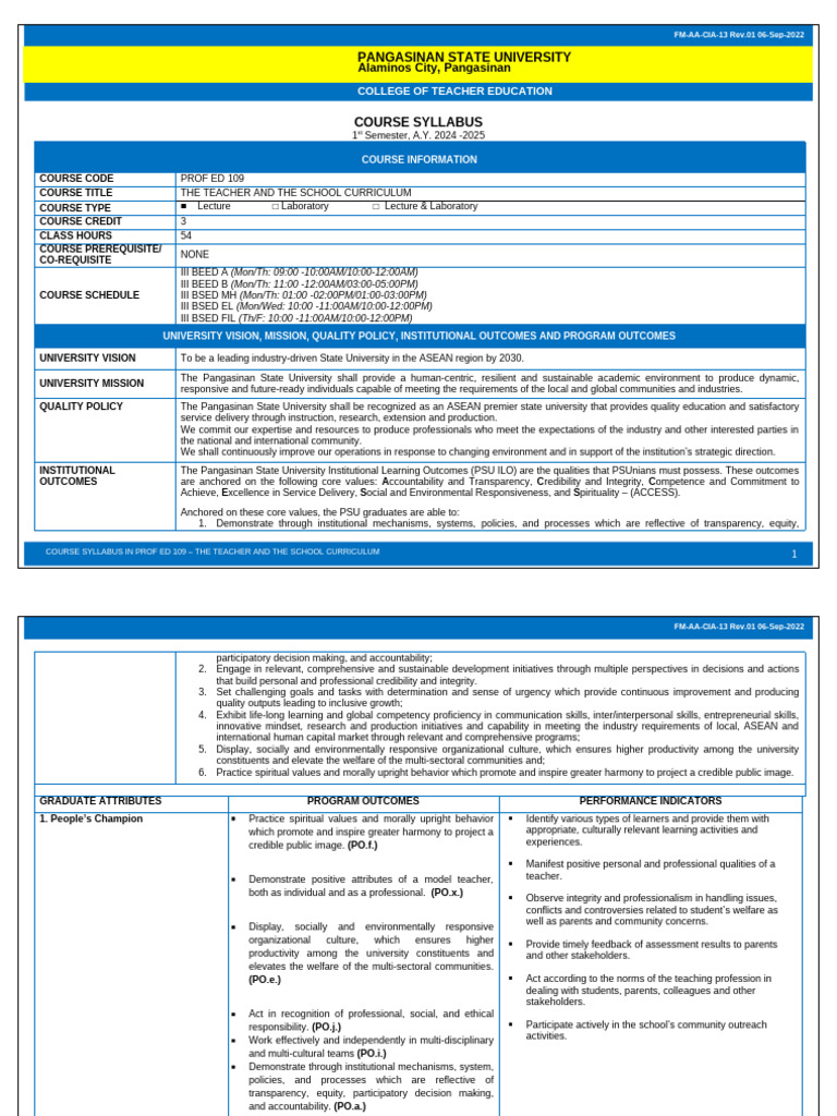 Syllabus for Prof Ed 109 Course | PDF | Curriculum | Educational Assessment