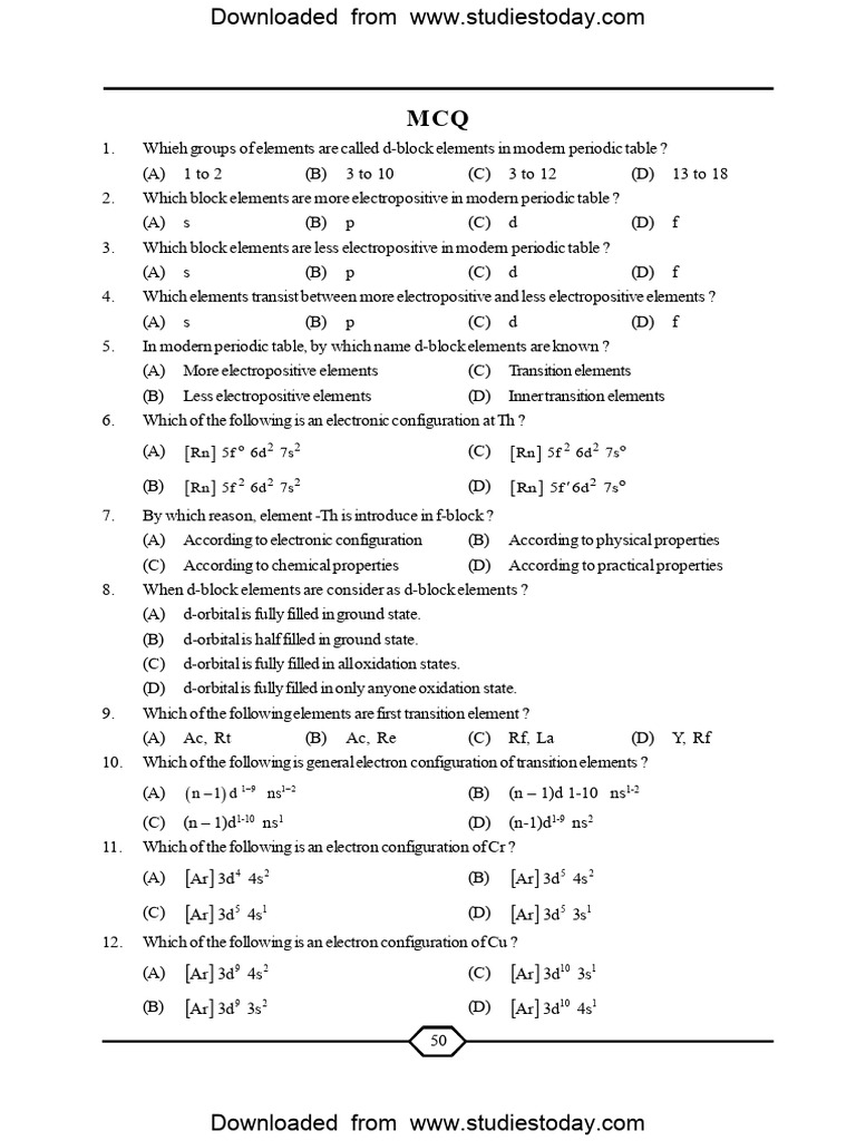 NEET UG Chemistry D&F Block Elements (1) | PDF | Transition Metals ...