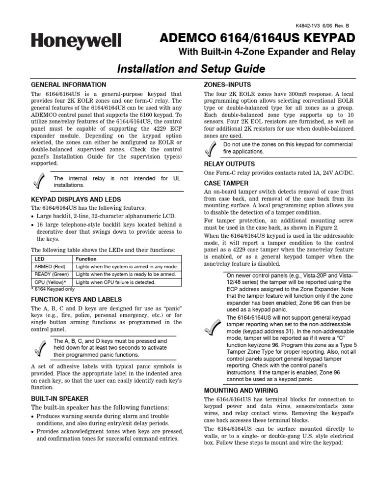 6164-keypad-Install | PDF | Relay | Liquid Crystal Display