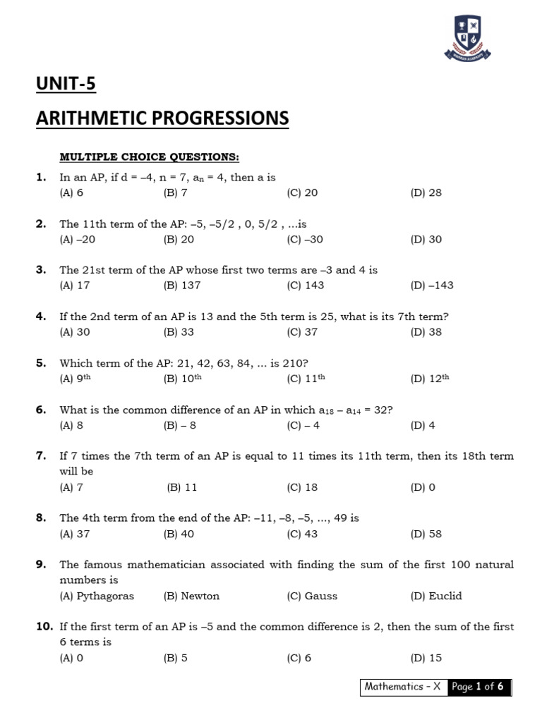 Arithmetic Progressions MCQs and Solutions | PDF | Ratio | Number Theory