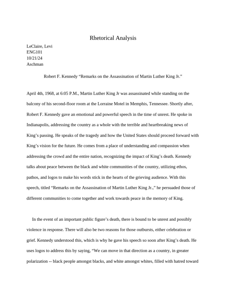 Kennedy's Rhetorical Analysis of MLK's Death | PDF | Martin Luther King ...