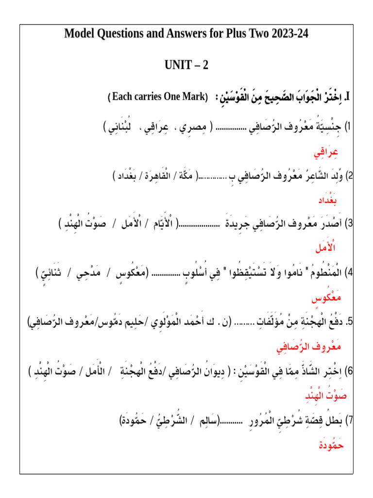 PLUS TWO Model Questions and Answers 2023-24 UNIT 2 | PDF
