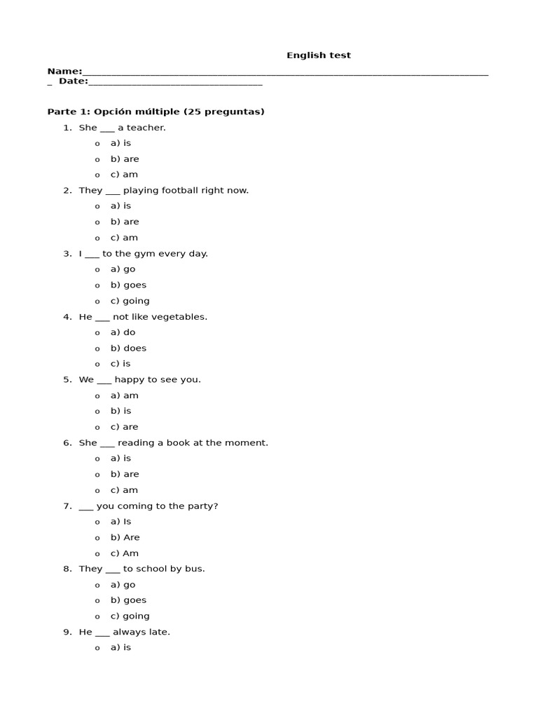 English test verb to be present simple present continuous | PDF