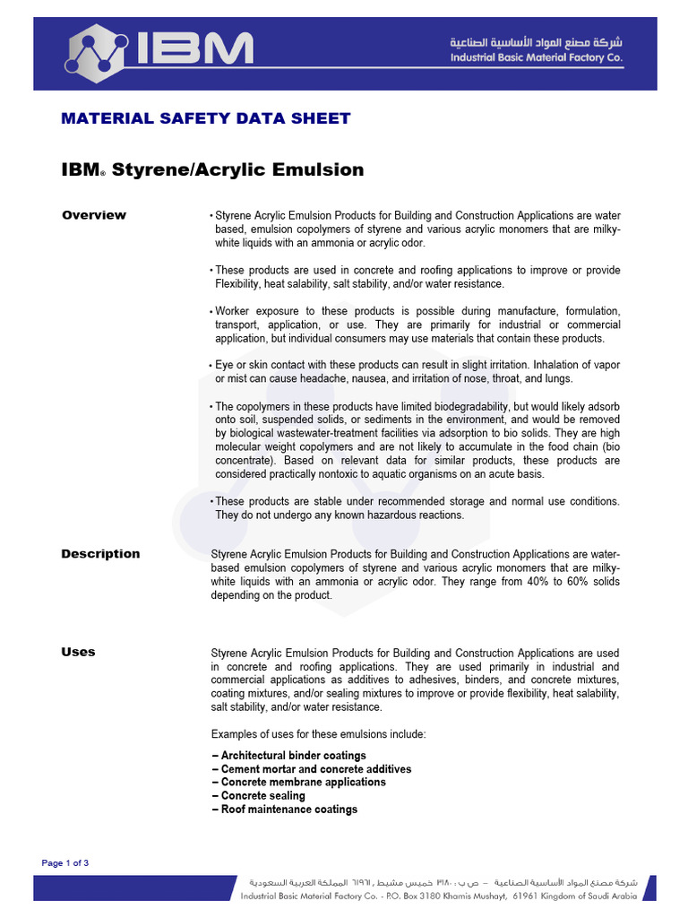 IBM Styrene Acrylic Emulsion3 | PDF | Acrylic Paint | Copolymer