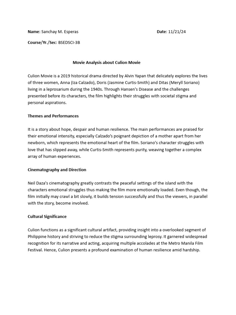 Culion Movie Analysis: Resilience & Hope | PDF