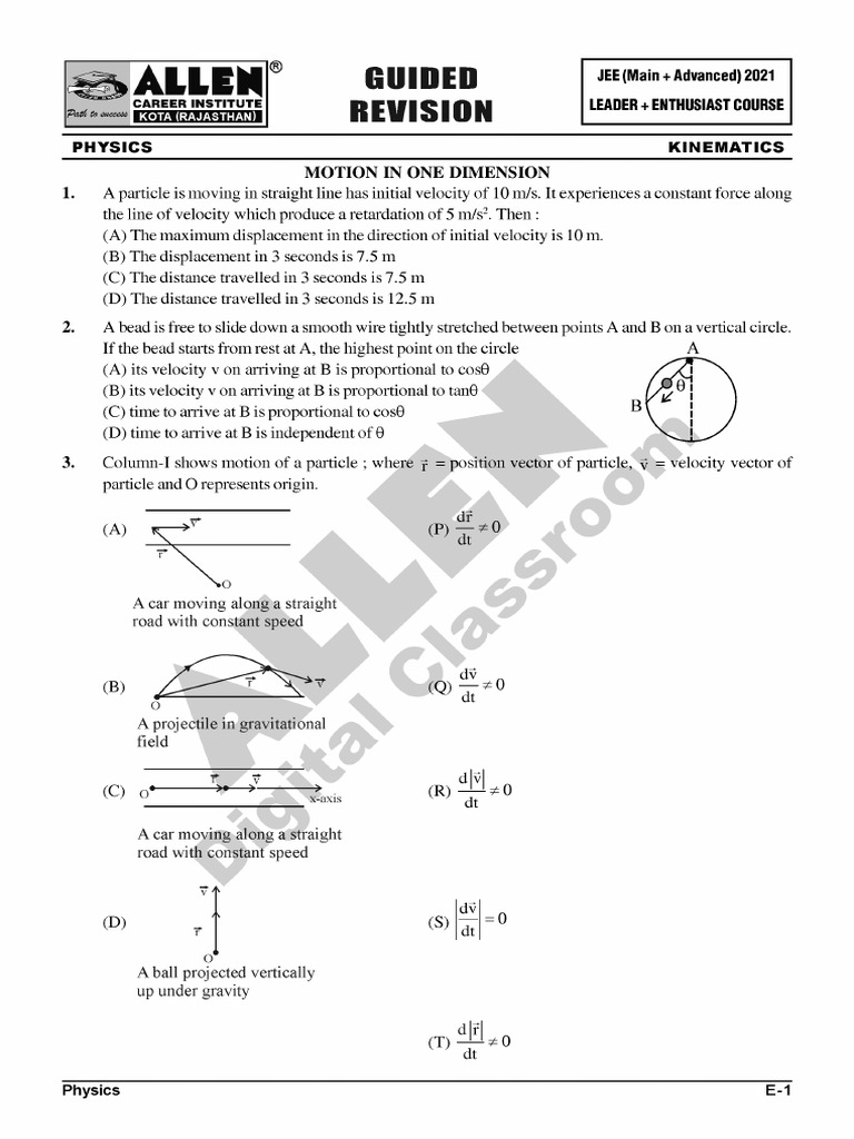 Guided Revision Sheet GRS - KINEMATICS | PDF