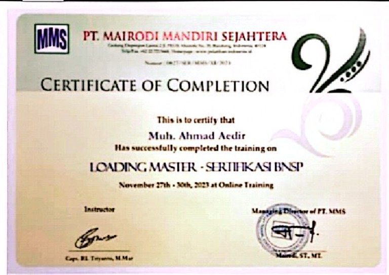 Contoh sertifikat loading master | PDF