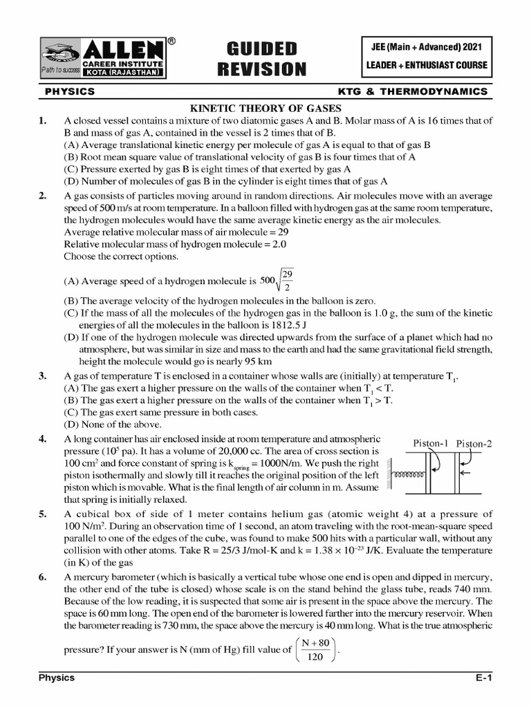 Guided Revision Sheet GRS - KTG & Thermodynamics | PDF