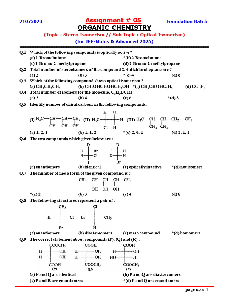 Answer Assignment Isomerism-05 (Optical) | PDF | Isomer | Organic Chemistry