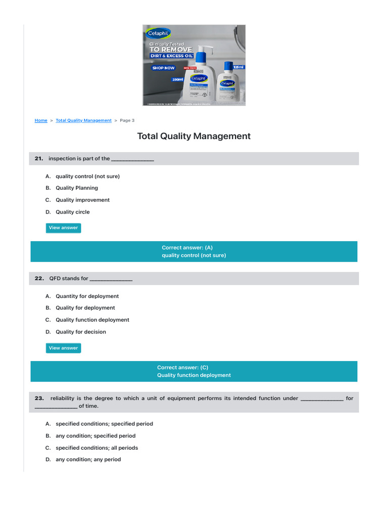 Total Quality Management Quiz Answers | PDF | Quality Management ...