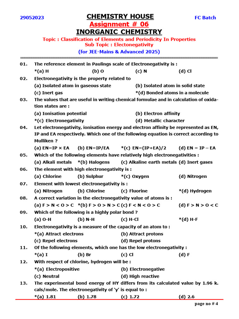 Answer Assignment 06 Periodic Table. | PDF | Chemical Bond | Atomic Physics
