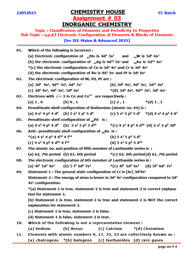 JEE 2025 Inorganic Chemistry Quiz | PDF | Chemical Elements | Periodic ...