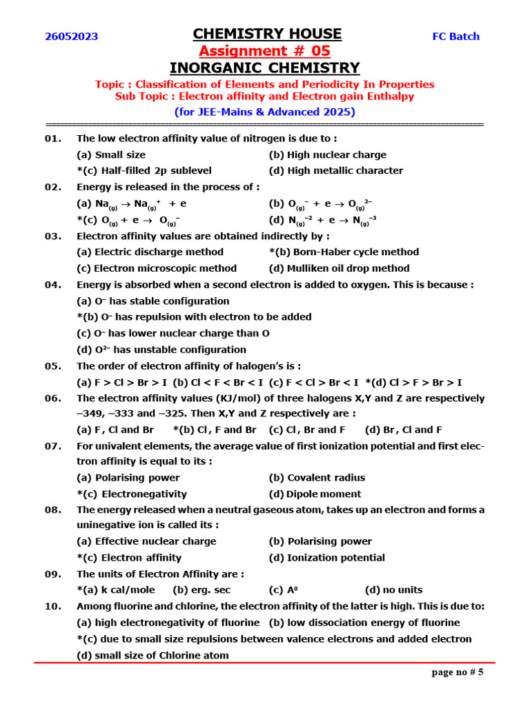 Answer Assignment 05 Periodic Table | PDF | Chlorine | Ionization