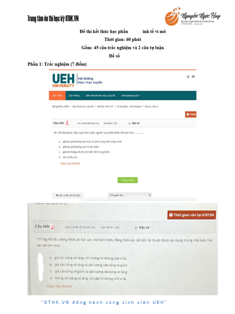 Đề Thi Kết Thúc Học Phần Kinh Tế VI Mô UEH 2024 - Trung Tâm OTHK - Nguyễn Ngọc Huy | PDF