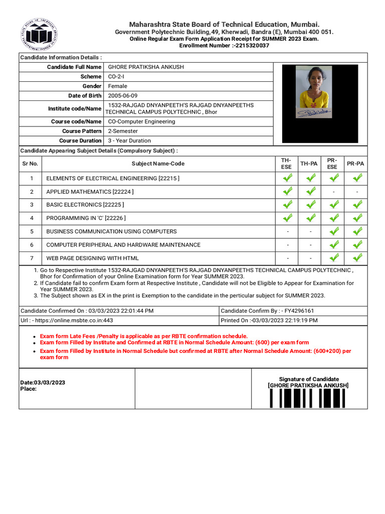 Exam Form Application of Candidate For | PDF