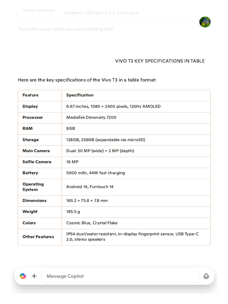 Vivo T3 Smartphone Key Specifications | PDF