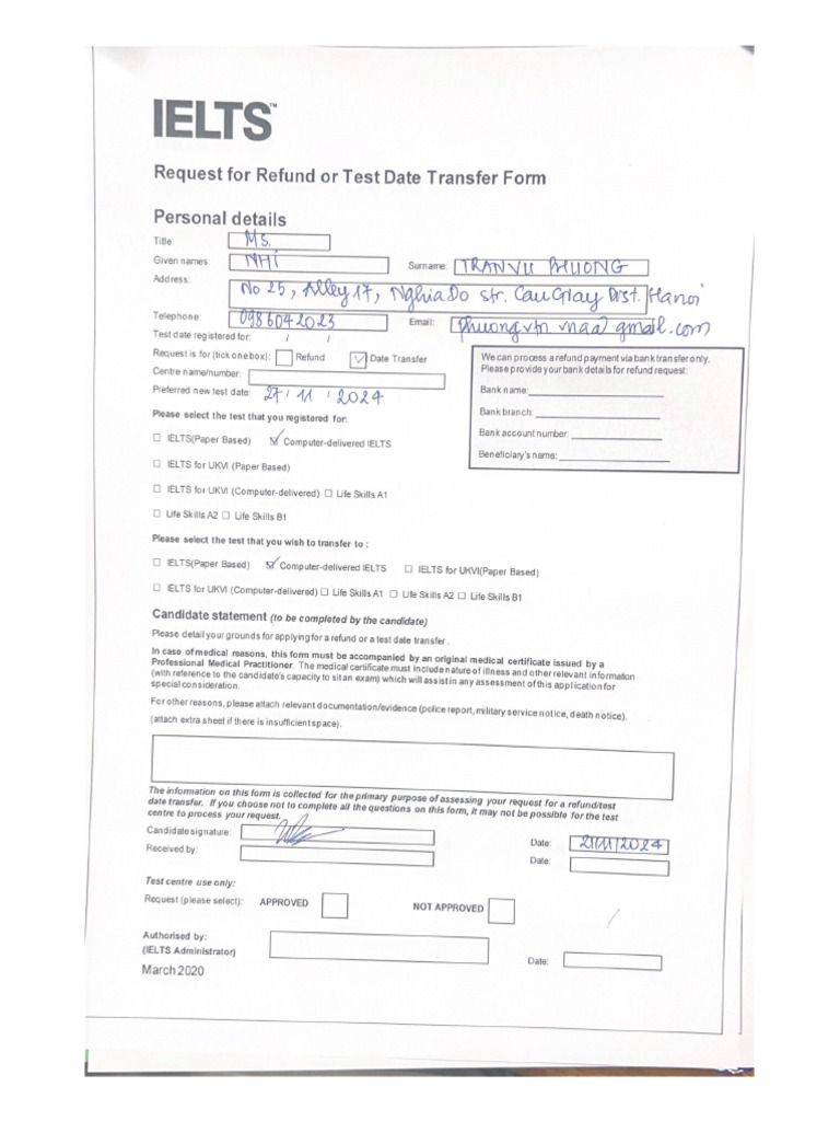 Request for Refund or Test Date Transfer Form | PDF