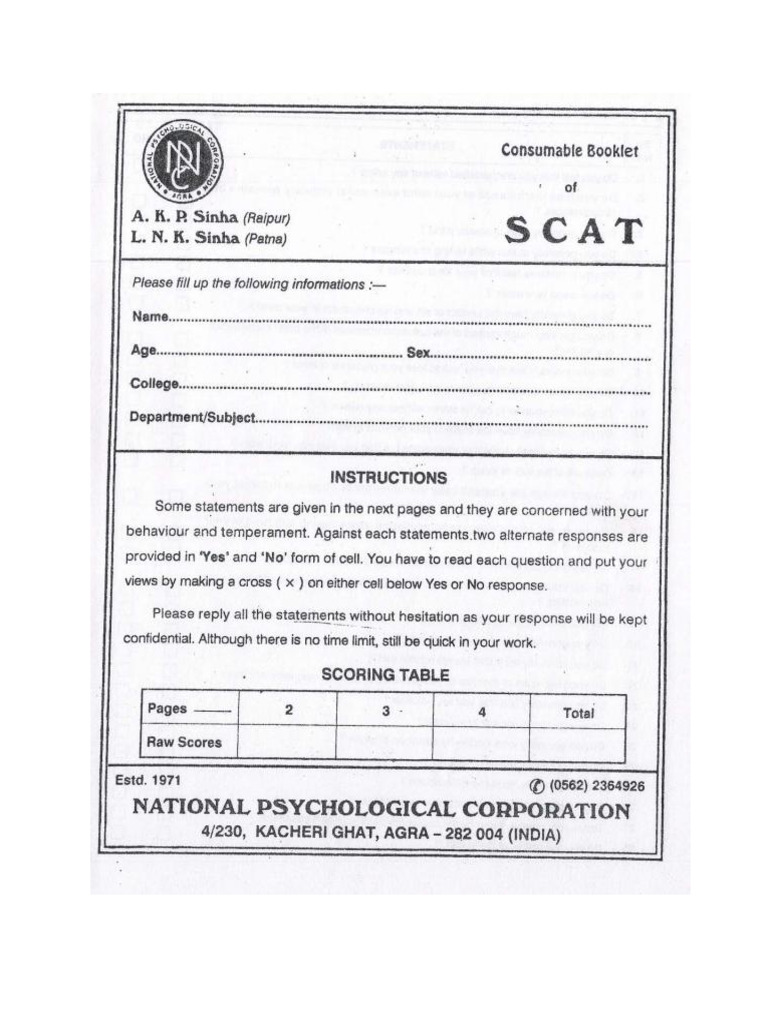 SCAT Questionnaire | PDF