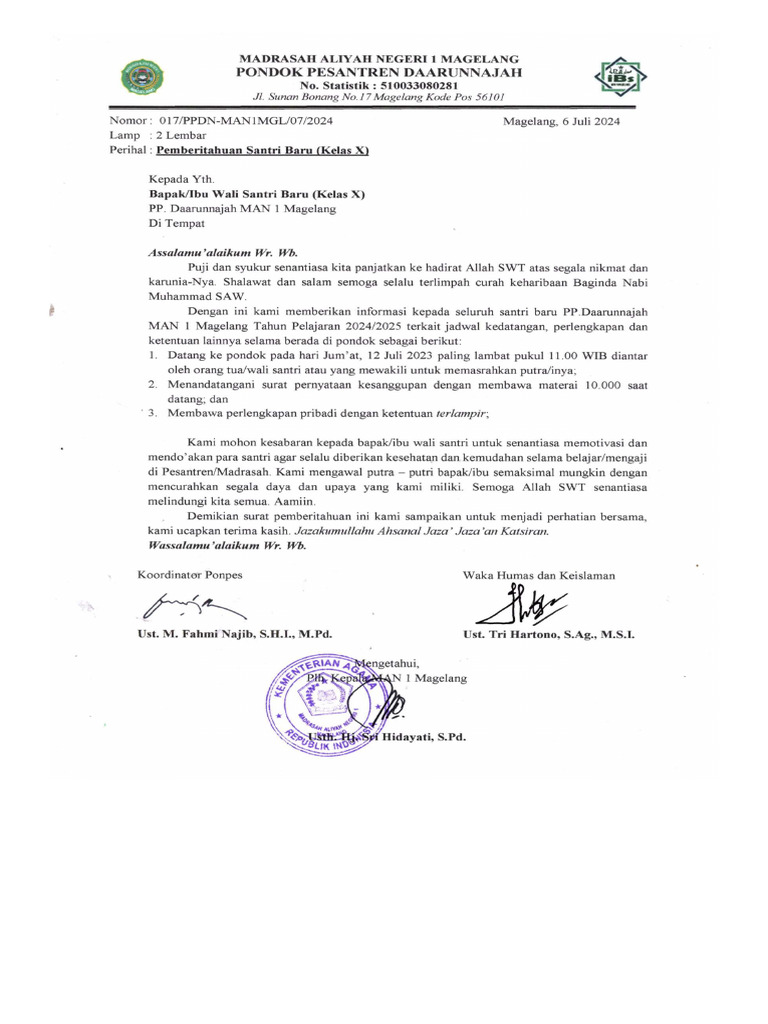 PEMBERITAHUAN KEDATANGAN SANTRI BARU 24-25 | PDF