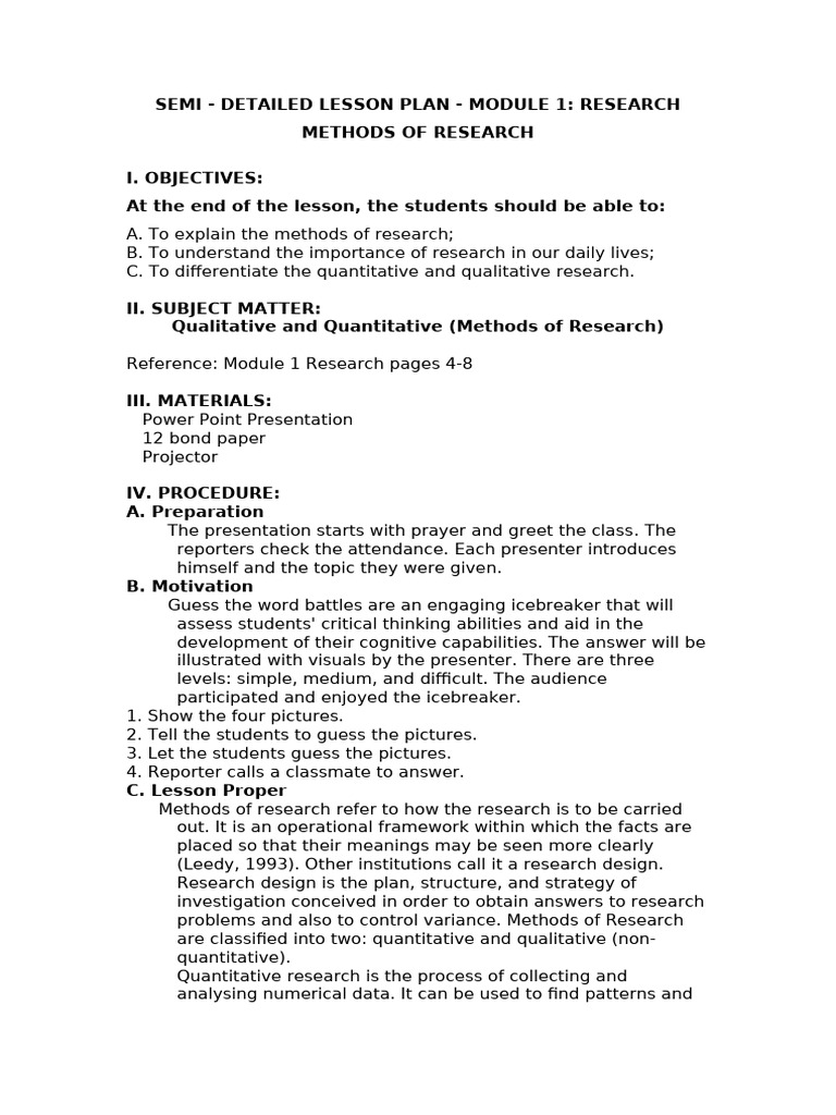 Semi Detailed Lesson Plan of Methods of Research | PDF | Qualitative ...