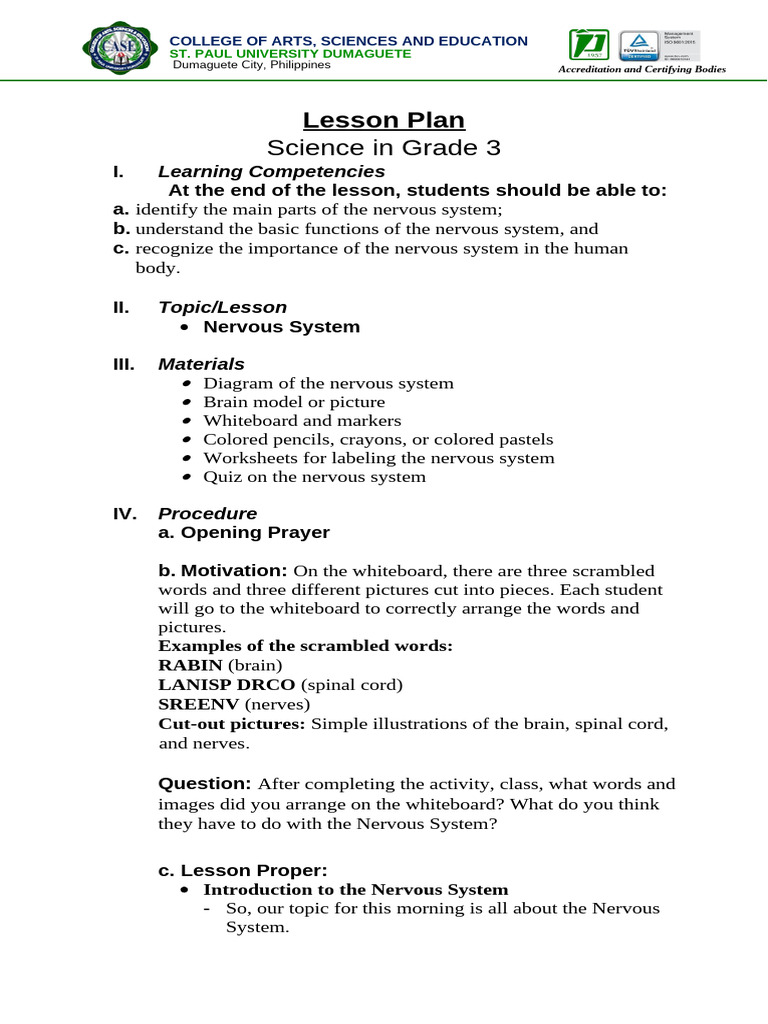 Grade 3 Nervous System Lesson Plan | PDF | Central Nervous System ...