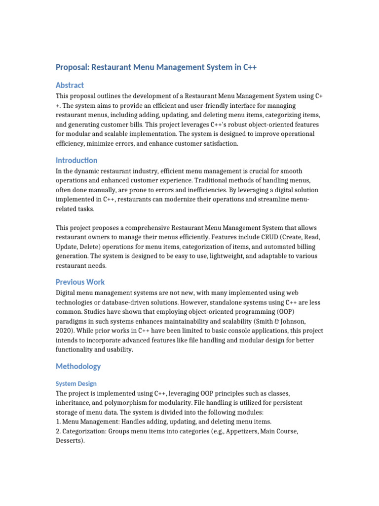 Restaurant Menu Management Proposal | PDF | Menu | C++