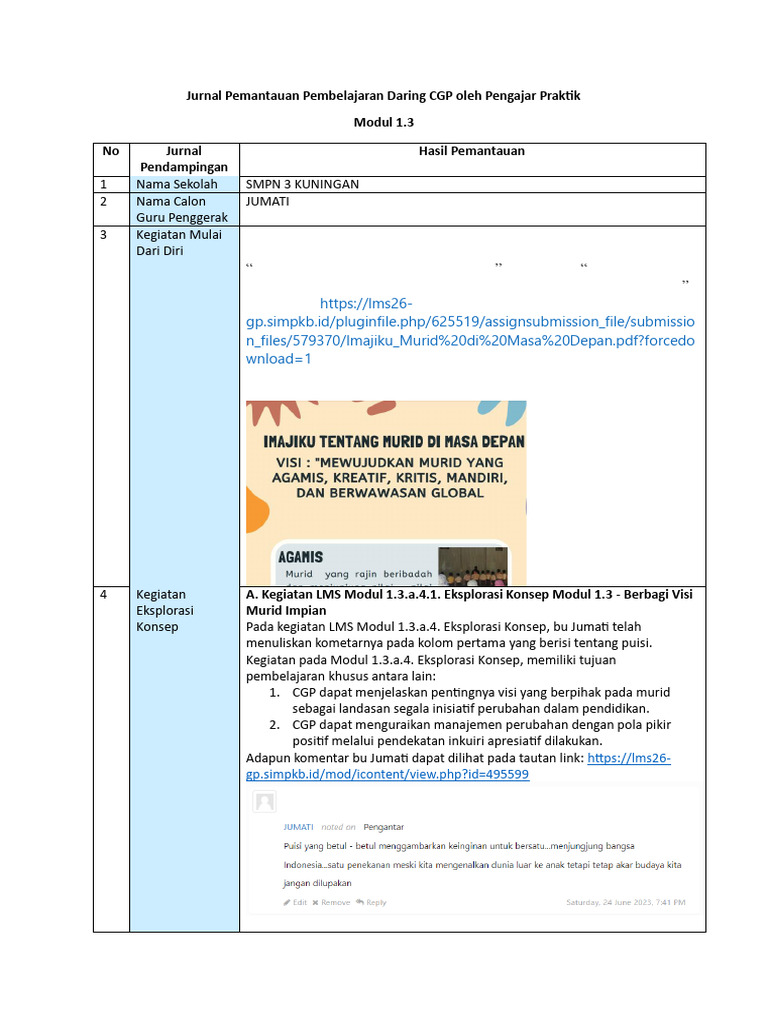 LK Modul 1.3 Jurnal Pemantauan Pembelajaran Daring CGP oleh Pengajar Praktik | PDF