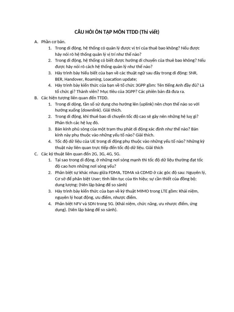 CÂU HỎI ÔN TẬP MÔN TTDD | PDF