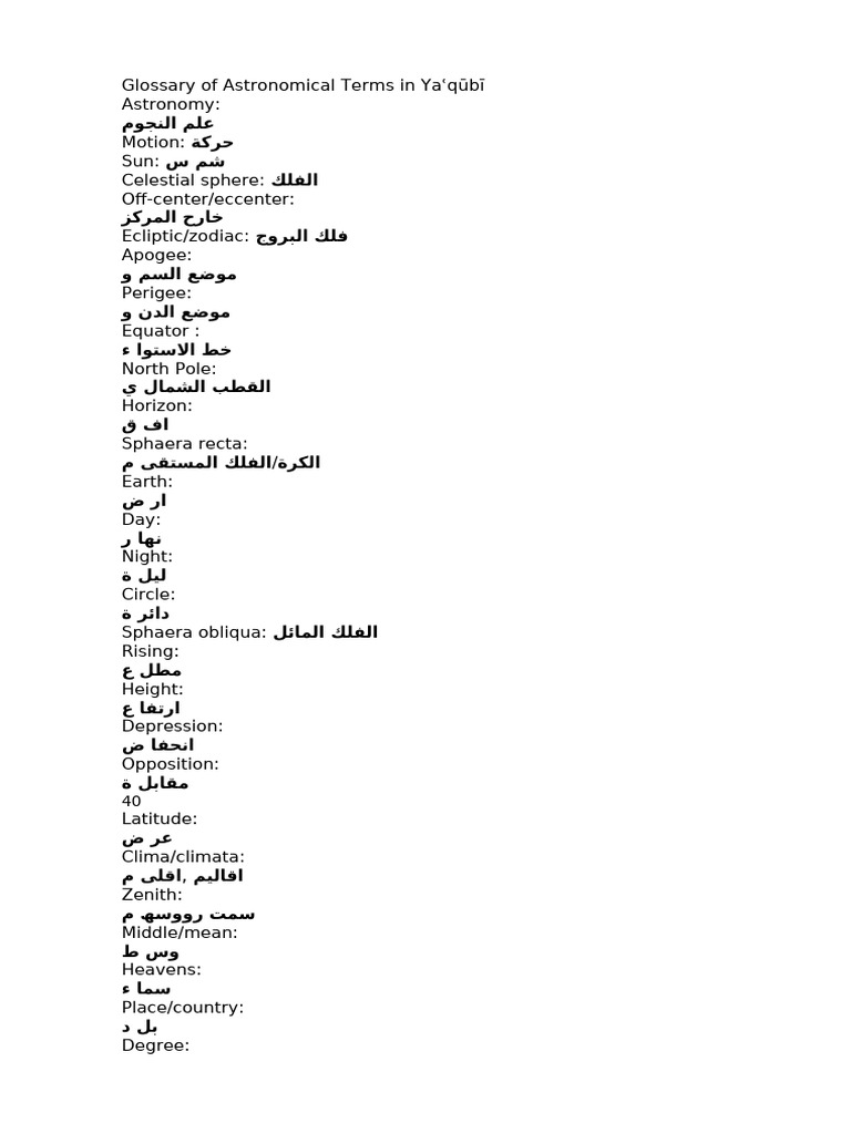 Glossary of Astronomical Terms in Ya Qūbī | PDF