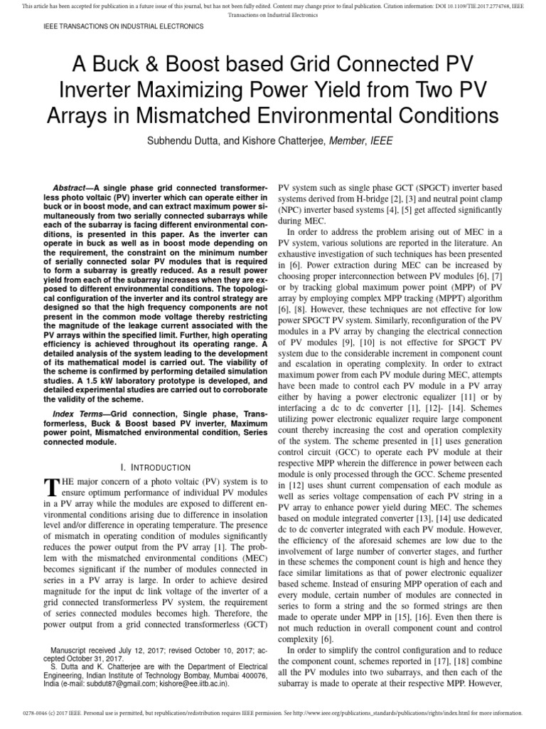A Buck and Boost Based Grid Connected PV Inverter Maximizing Power Yield From Two PV Arrays in ...