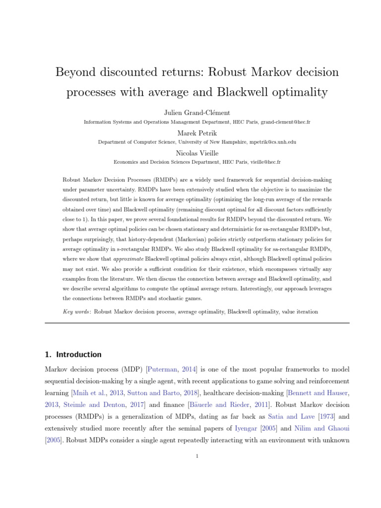 Robust Markov decision processes with average and Blackwell optimality | PDF | Markov Chain ...