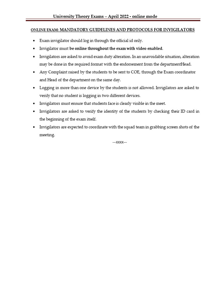 Instructions to invigilators- April 2022 | PDF