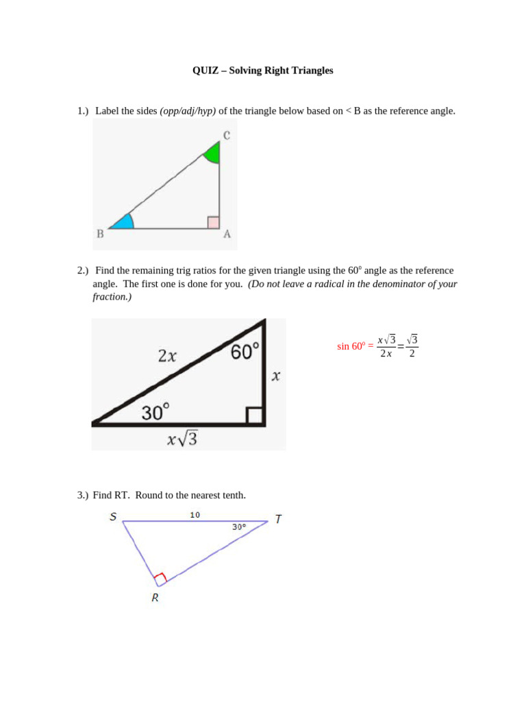 QUIZ - Solving Right Triangles | PDF
