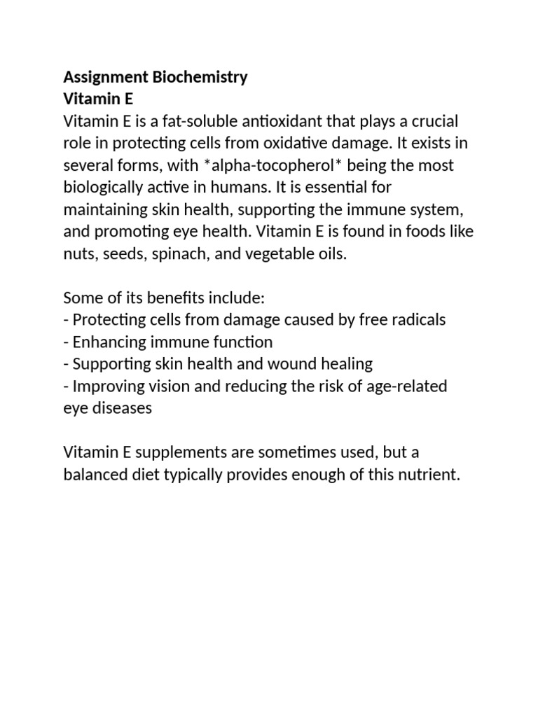Assignment Biochemistry Vitamin E | PDF
