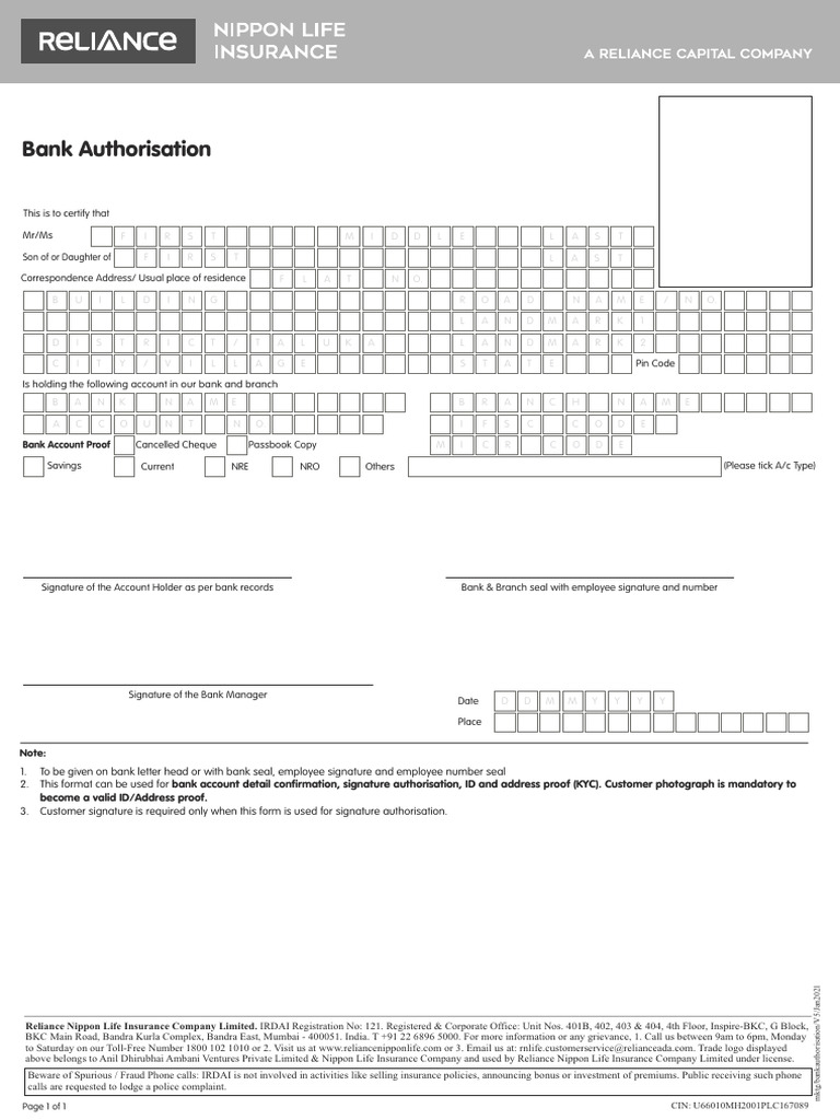 Bank-Authorisation Reliance Form | PDF | Financial Services