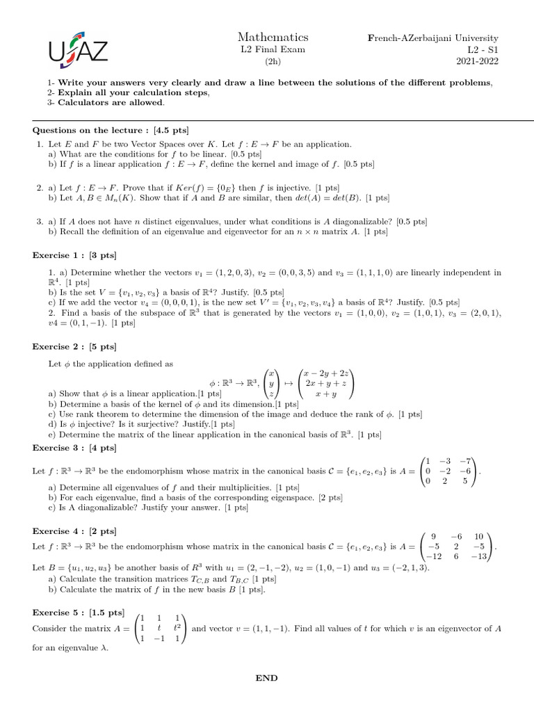 L2 Final Exam 2021-2022 | PDF | Eigenvalues And Eigenvectors | Matrix (Mathematics)