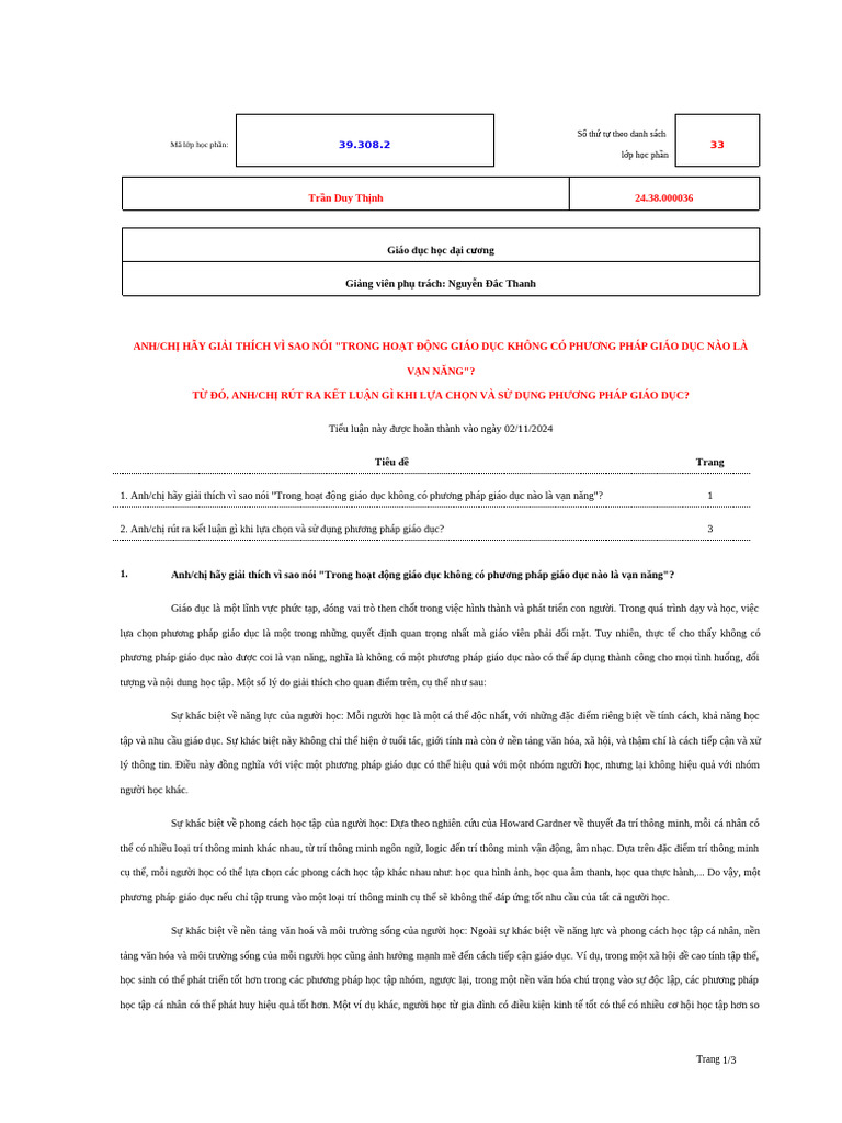 Trần Duy Thịnh 24.38.000036: Giáo dục học đại cương | PDF
