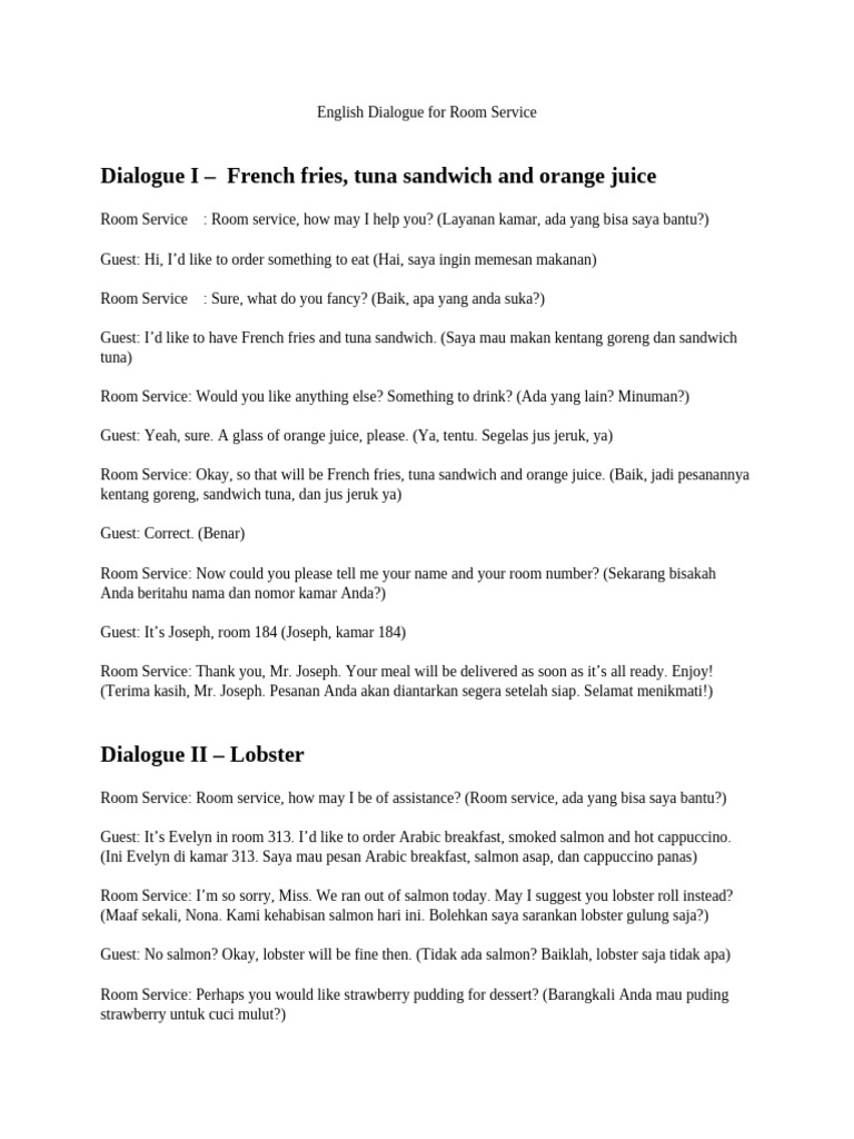 Room Service Dialogue Examples | PDF | Cuisine | Foods