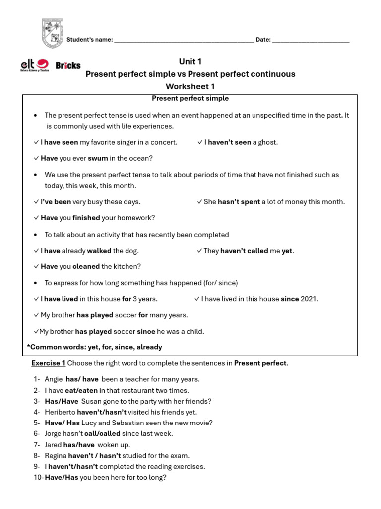 03 - Unit 1 - Present Perfect Vs Present Perfect Continuous Worksheet 1 ...